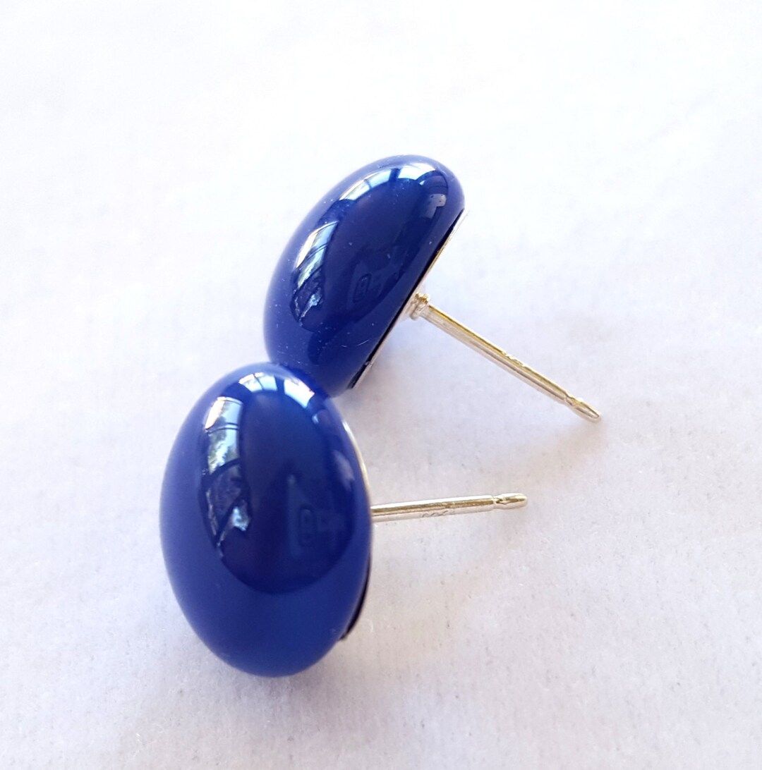 Navy Blue Stud Earrings, Sterling Silver Post, Fused Glass - Etsy
