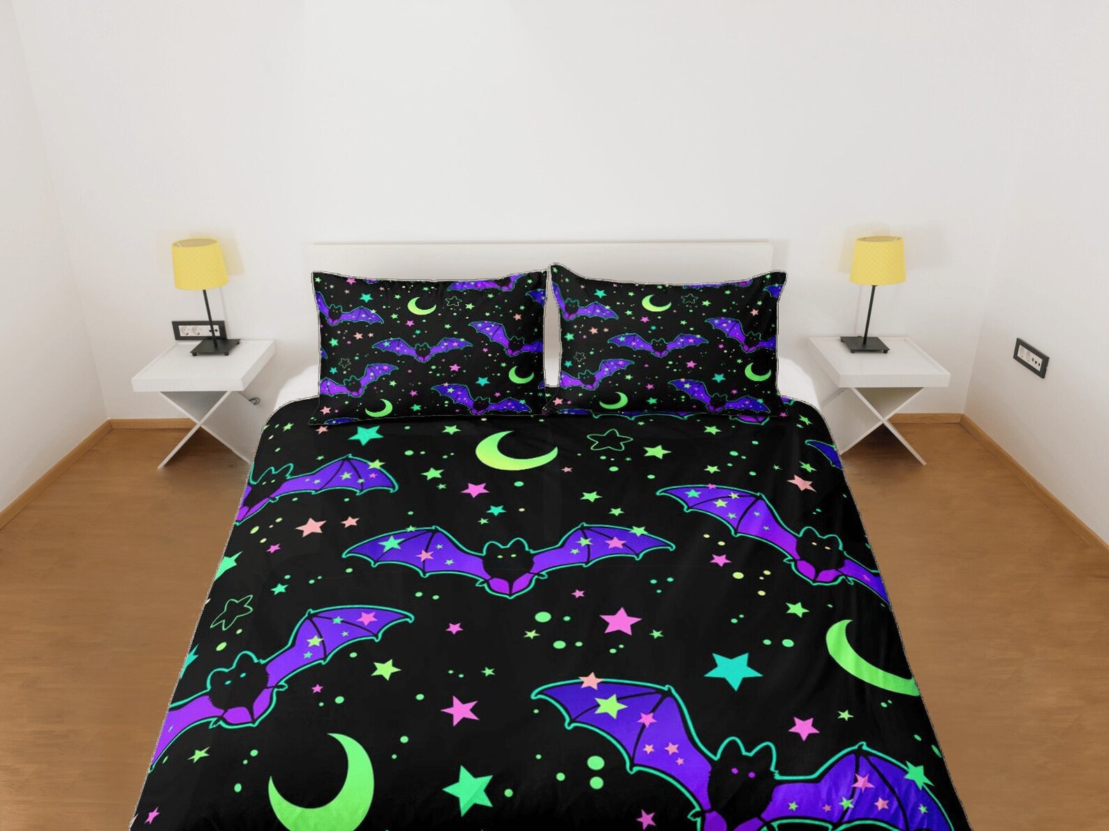 Dark Bats Duvet Cover Set, Gothic Halloween Bedroom Set, Neon Night Sky ...