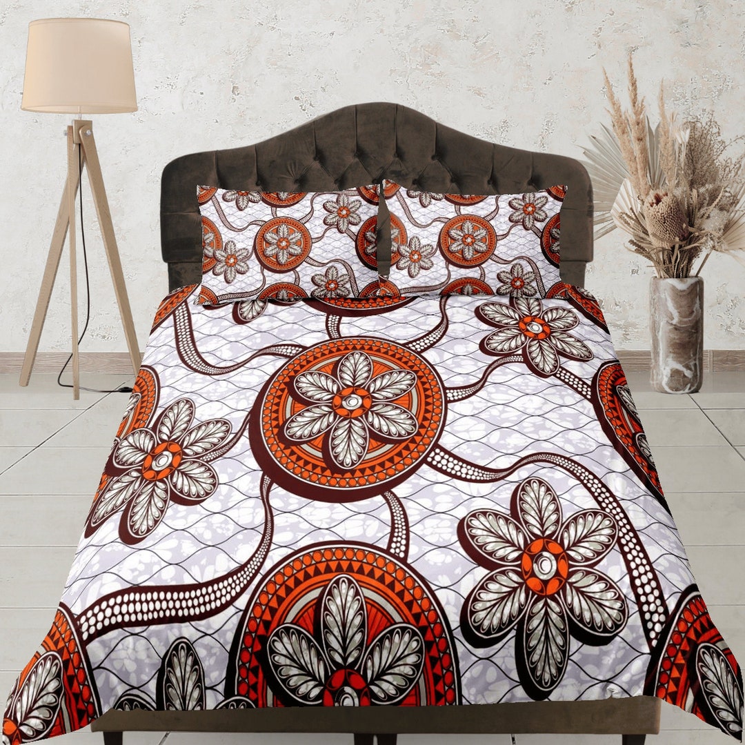 African Inspired Floral Bedding Set, Orange and White Duvet Cover Set ...