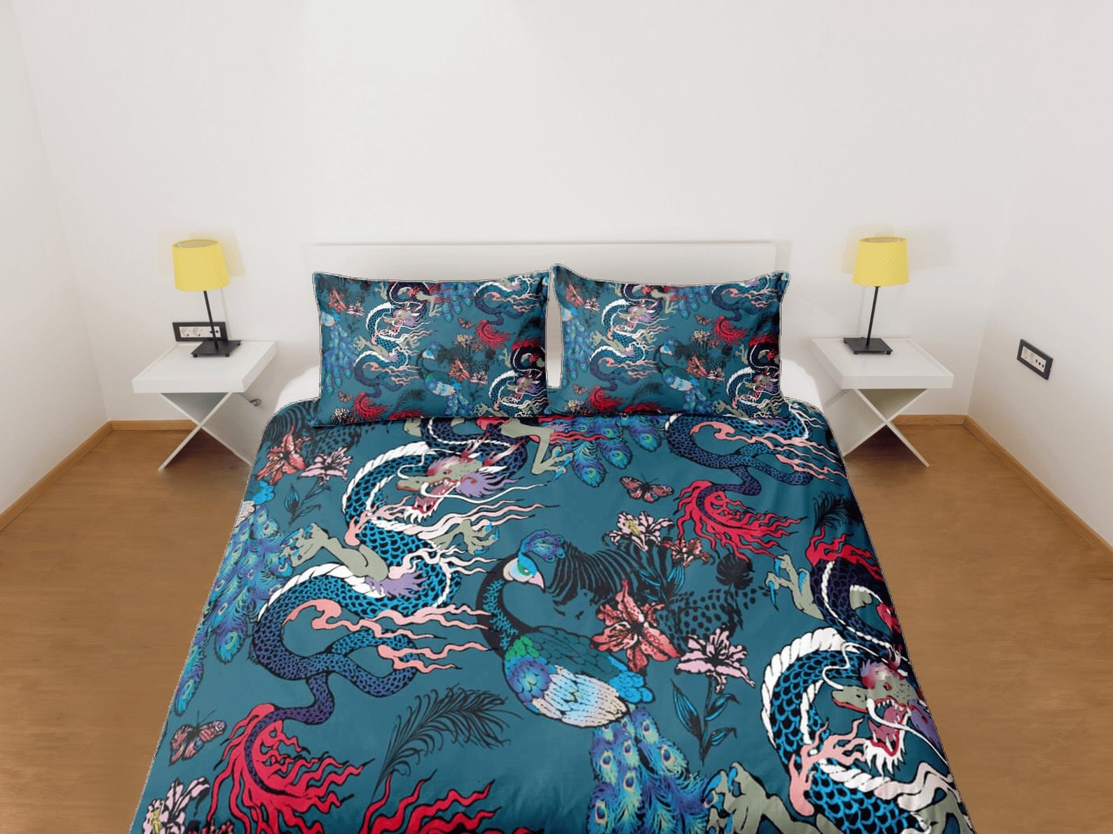 Peacock and Dragon Print Duvet Cover Set, Custom Bohemian Bedding, Dark ...