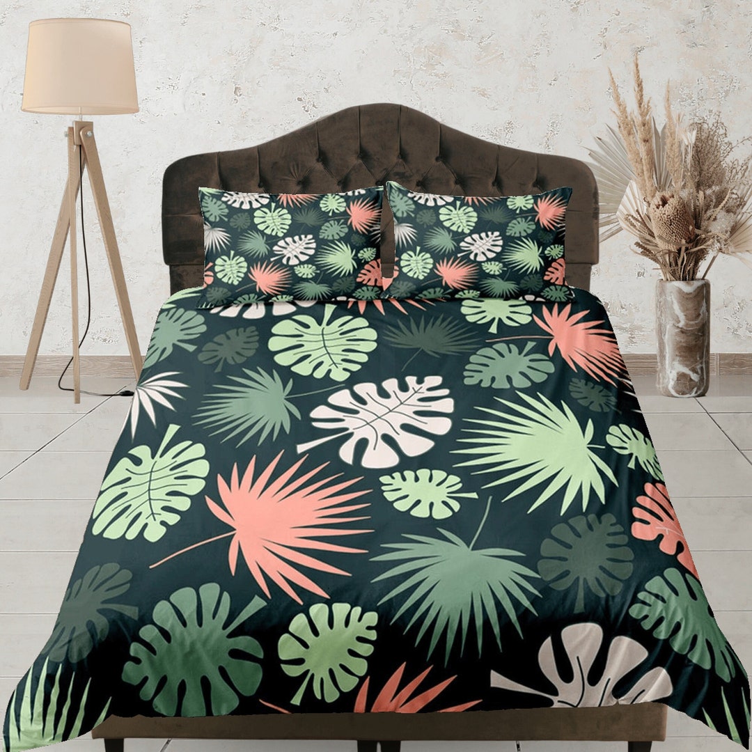 Tropical Leaf Duvet Cover Set, Green Pink Leaf Quilt Cover, Botanical ...