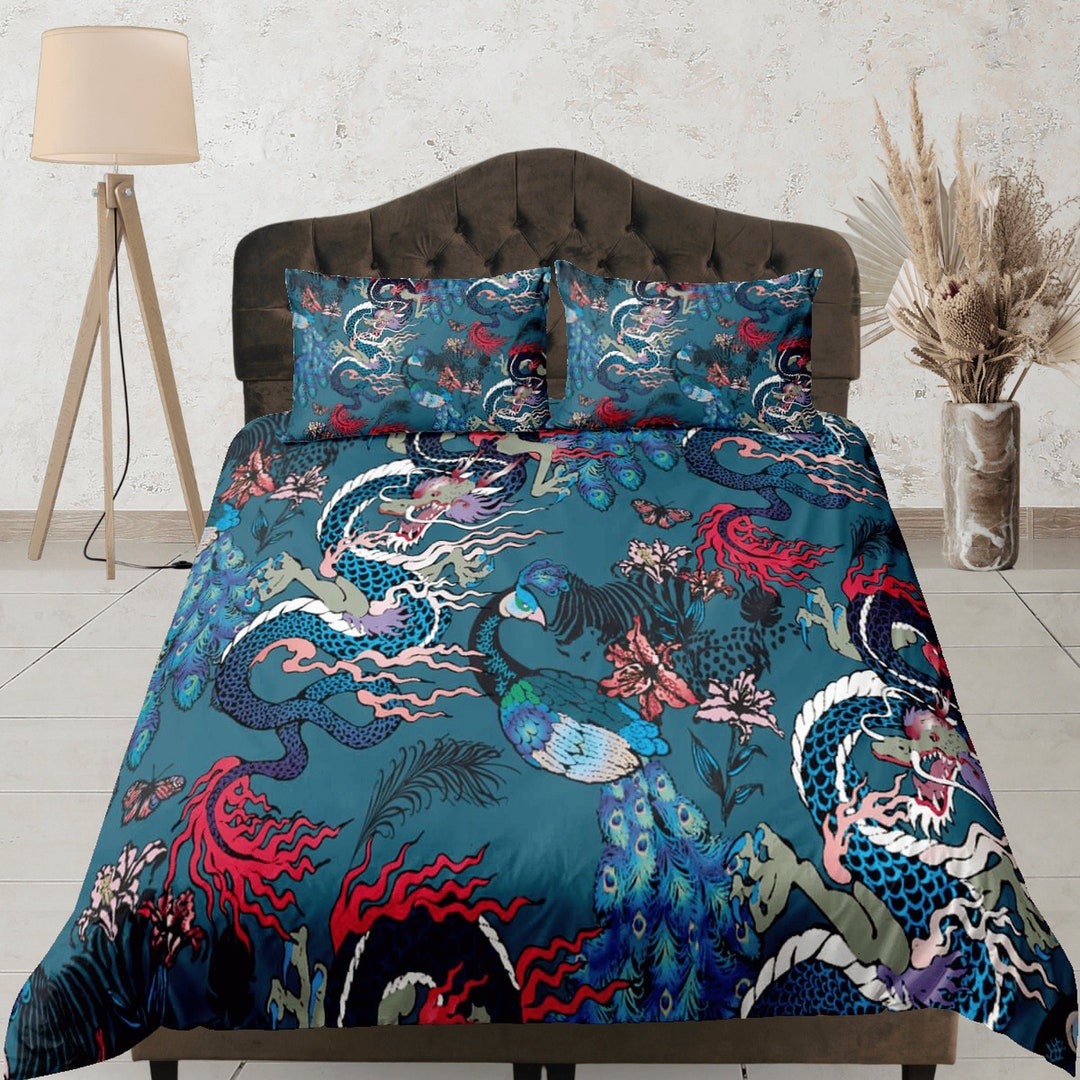 Peacock and Dragon Print Duvet Cover Set, Custom Bohemian Bedding, Dark ...