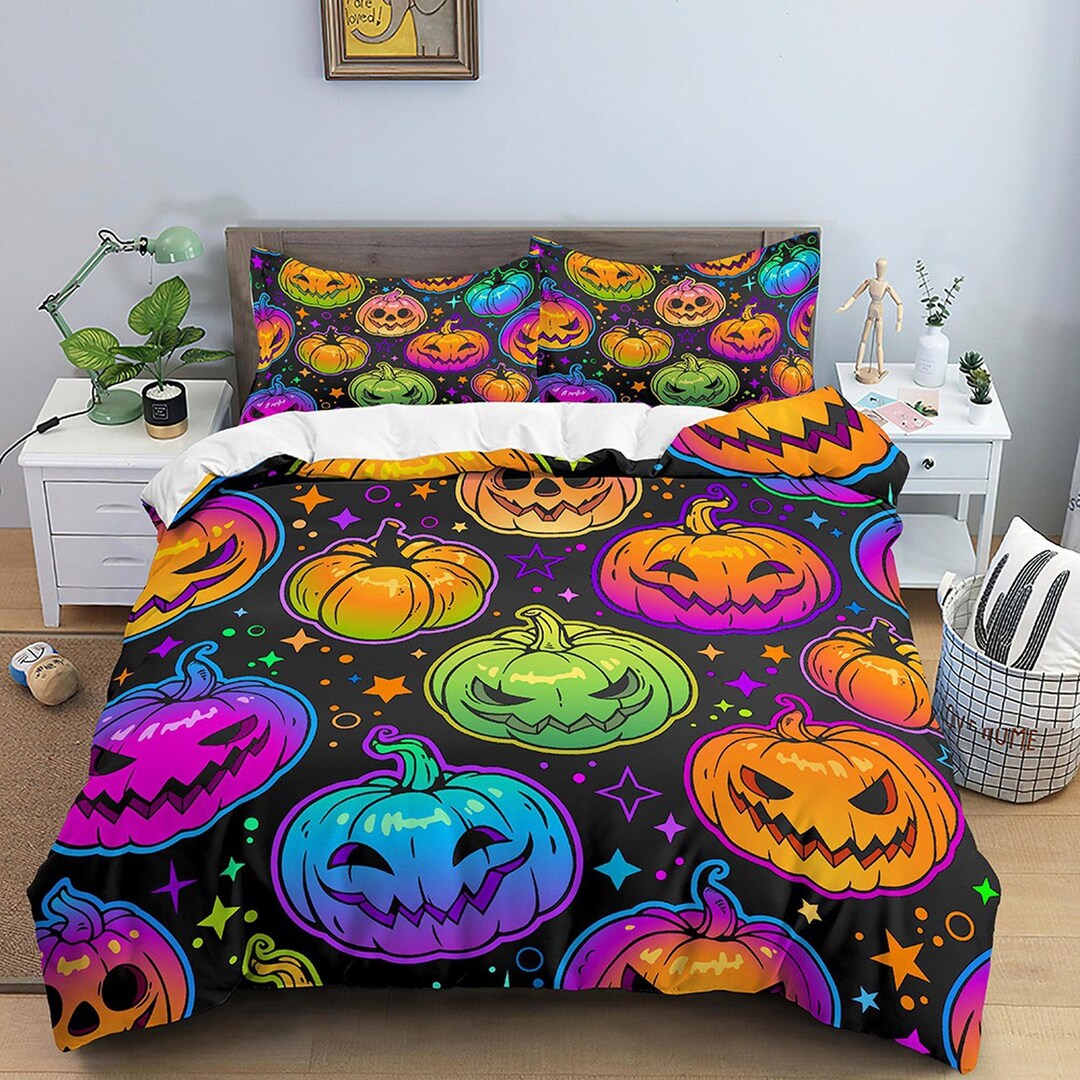 Colorful Pumpkin Bedspread, Halloween Duvet Cover Set, Quirky Bedroom ...