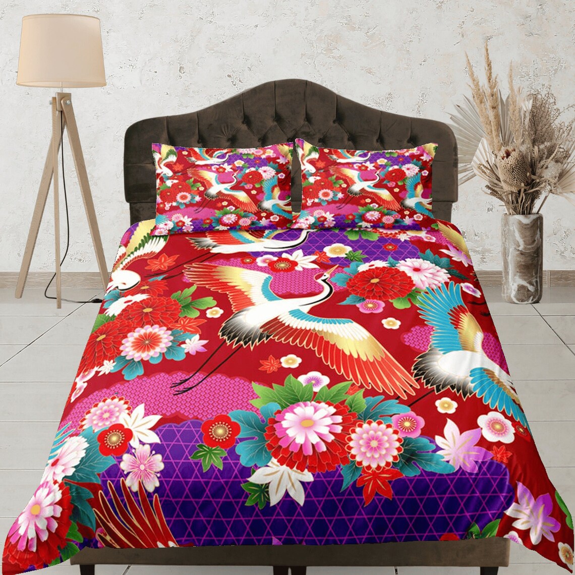 Japanese Crane Bedding Set, Colorful Duvet Cover Set, Custom Size Bedspread, Floral Quilt Cover ...