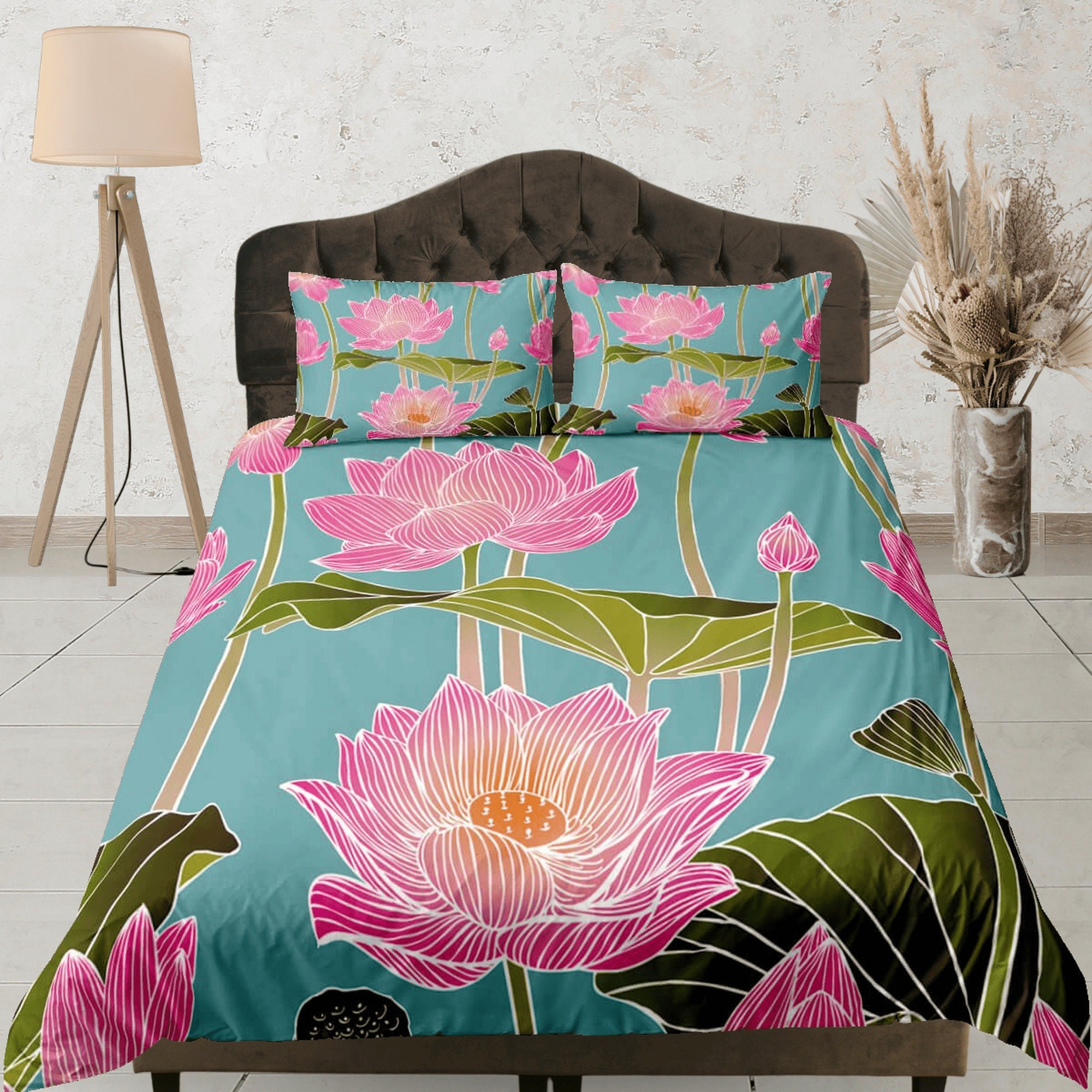 Lotus Flower Duvet Cover Set Teal and Pink Floral Bedding Set ...