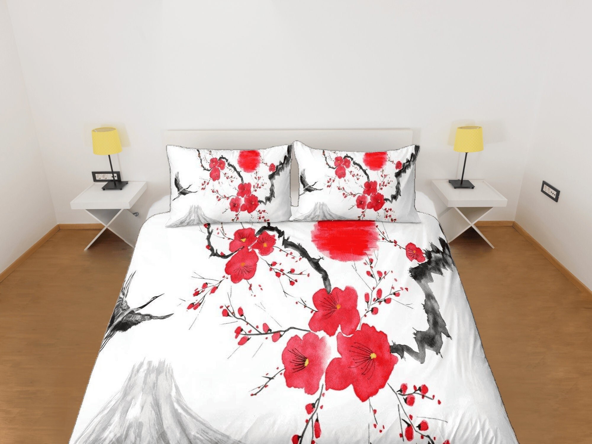 Red White Cherry Blossom Bedspread, Custom Size Bedding Set, Zipper ...
