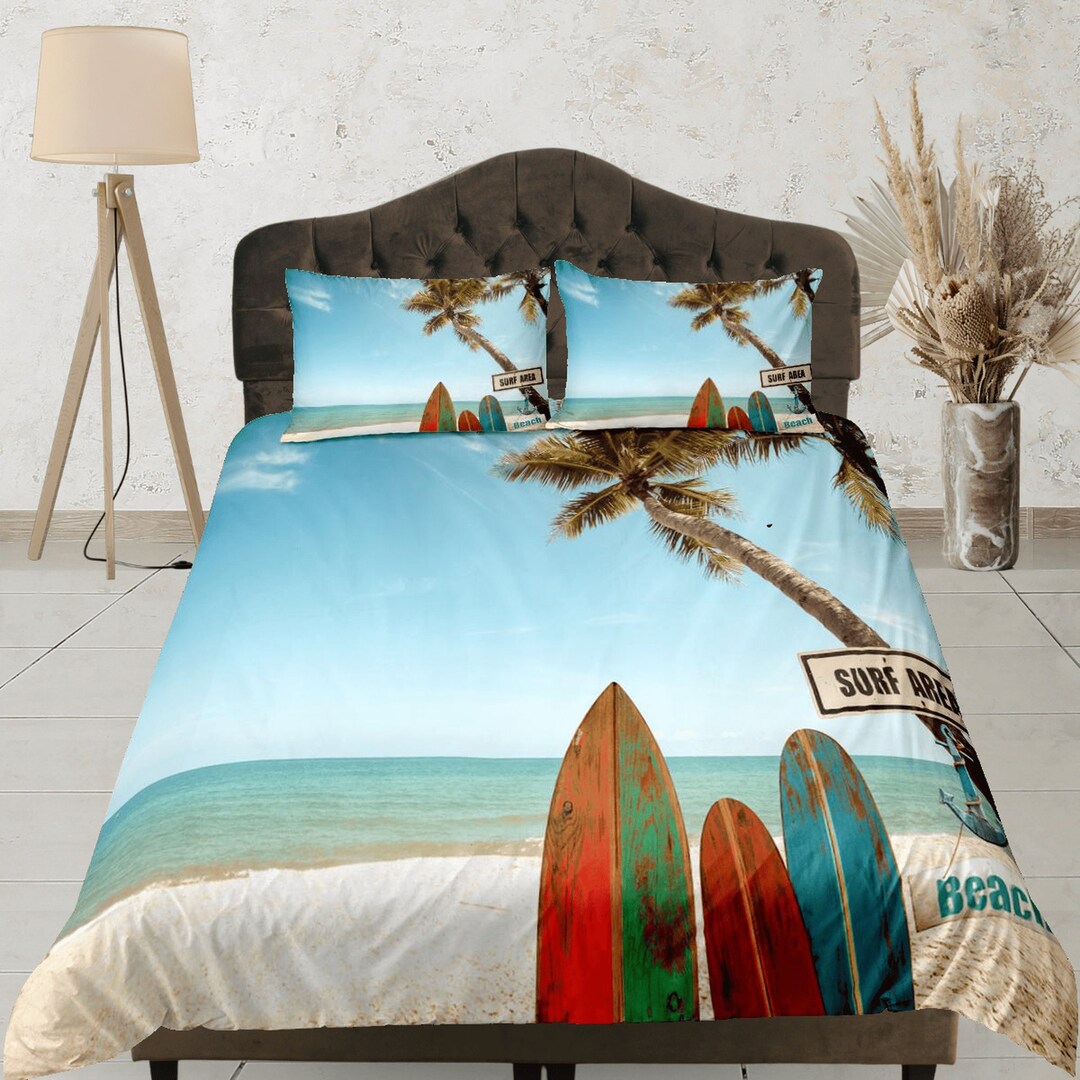 Tropical Surfboard Beach Duvet Cover Set, Custom Size Coastal Bedding ...
