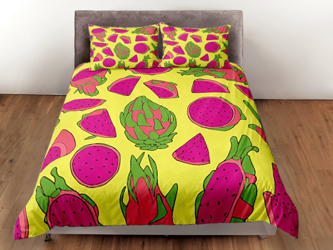 Dragon Fruit Print Duvet Cover Set, Vibrant Bedding, Tropical Bedroom ...