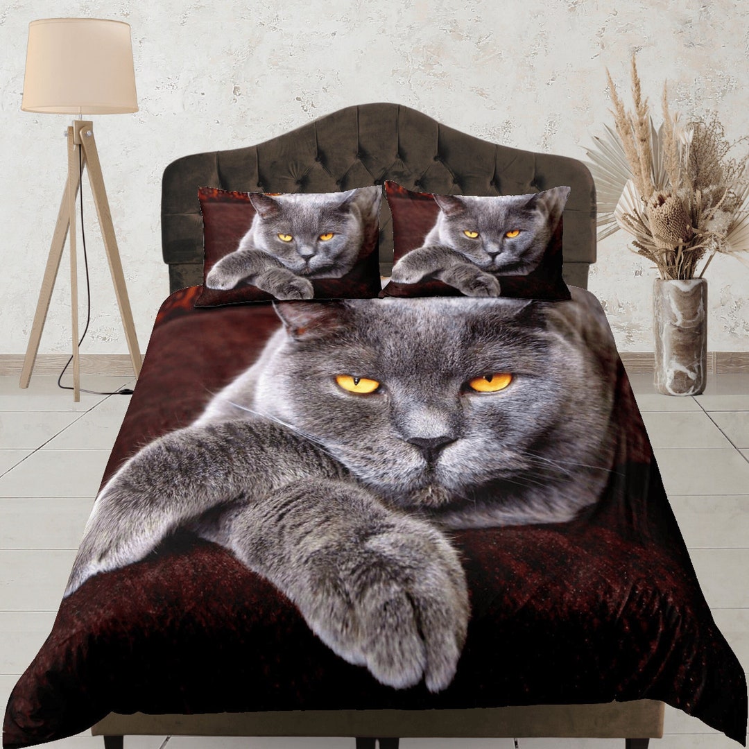 Cat Duvet Cover, Cat Lover Bedding, Animal Print Bedroom Set, Gray ...