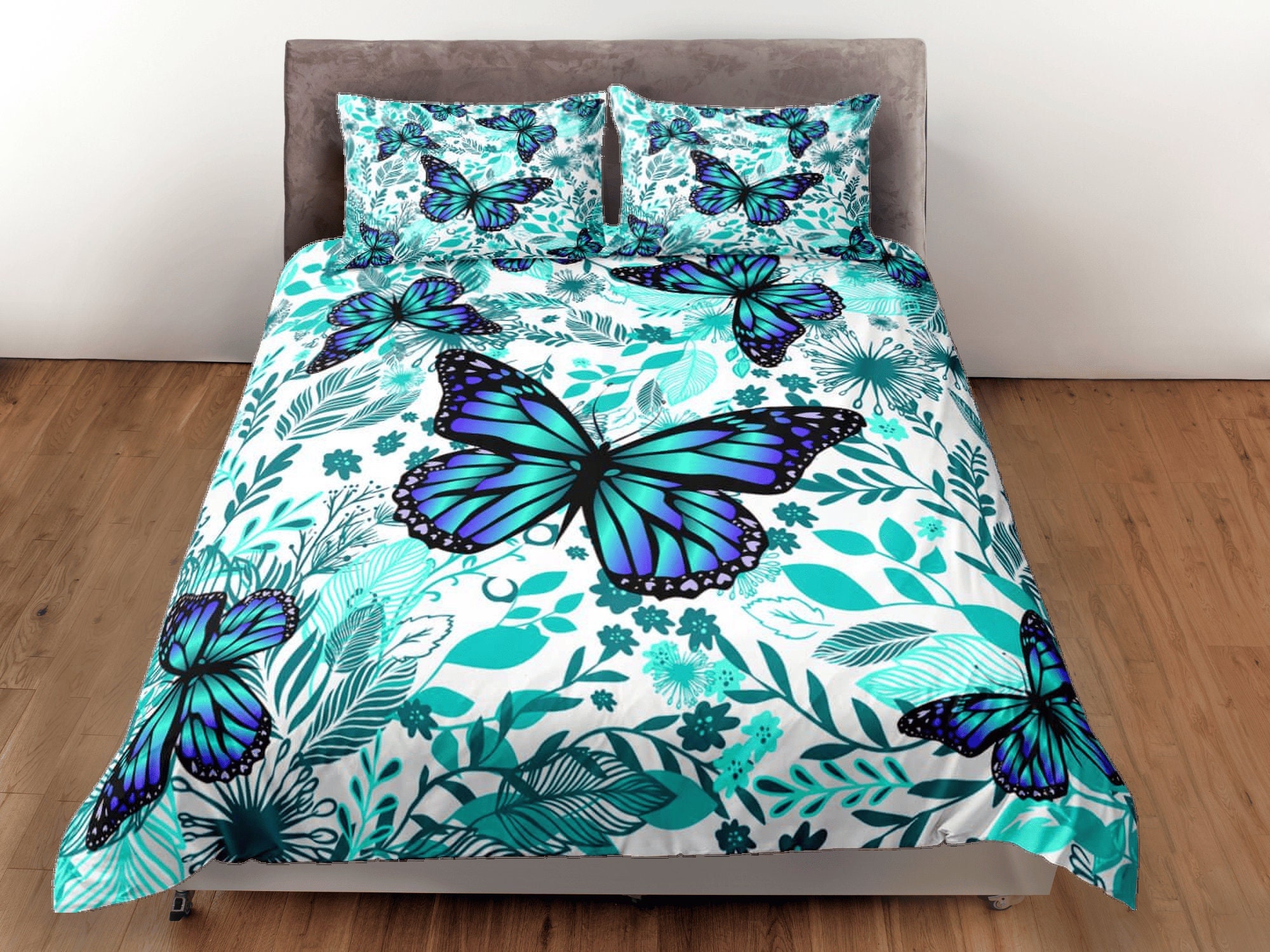 Blue Butterfly Bedspread, Floral Print Bedding Set, Teal Aesthetic ...