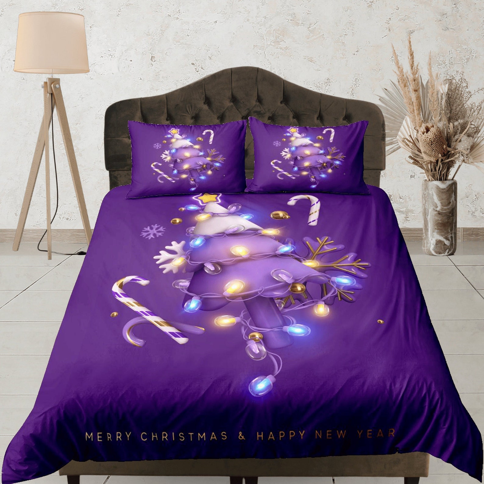 Purple Christmas Tree Bedding Set, Festive Duvet Cover Set, Dorm Room ...