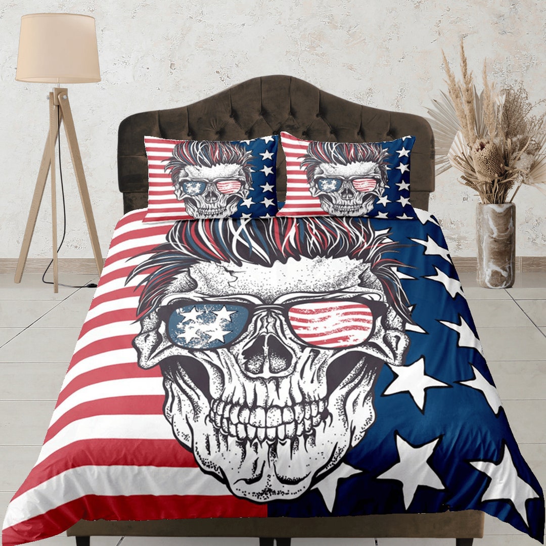 Patriotic Skull Bedspread, American Flag Bedding Set, Red White Blue ...
