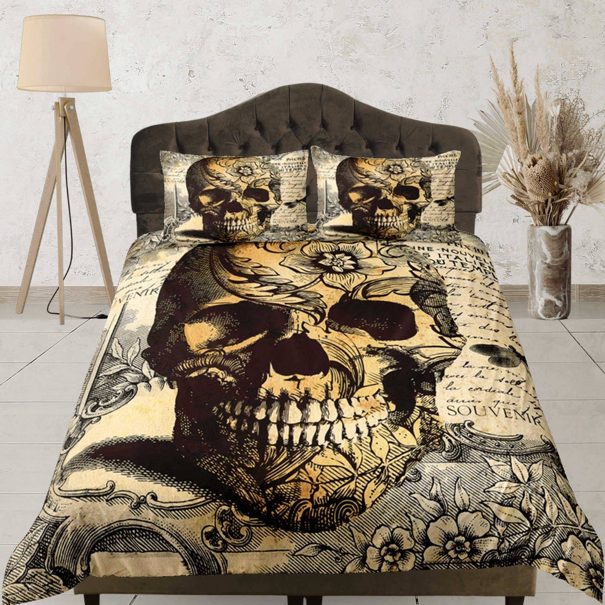 Skull Duvet Cover, Gothic Bedding Set, Floral Skull, Custom Size ...