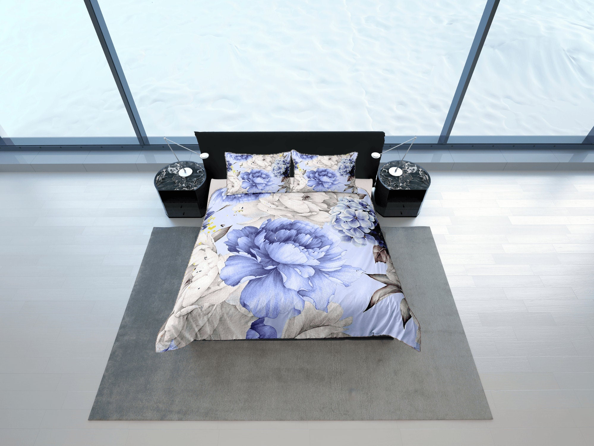 Floral Duvet Cover Set, Blue Peony Bedding, Luxury Bedroom Set ...