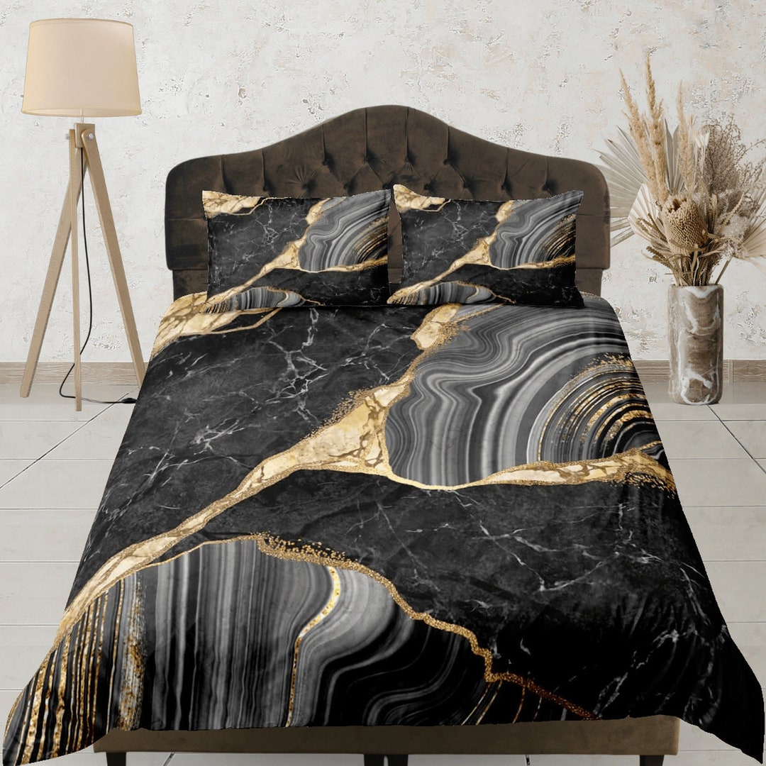 Luxury Black Marble Bedding Set, Gold Accent, Aesthetic Duvet Cover ...