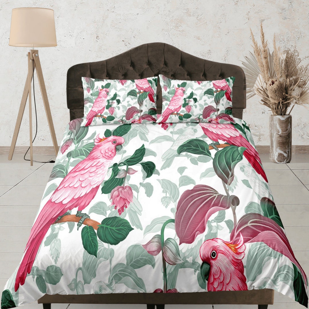 Parrot Duvet Cover, Tropical Bedding Set, Bird Bedroom Set, Pink ...