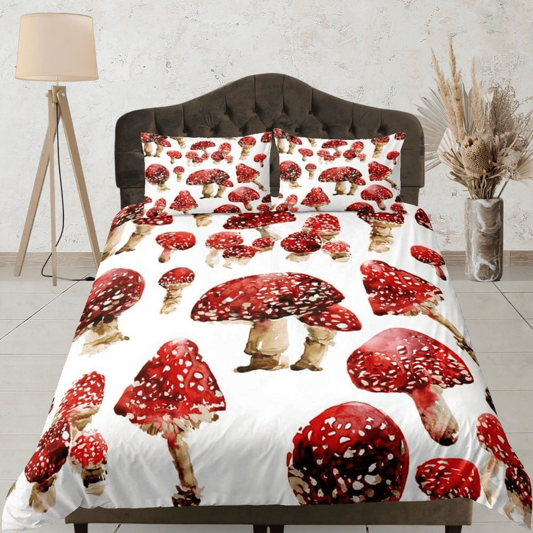 Mushroom Duvet Cover, Cottagecore Bedding Set, Red Mushroom Print ...