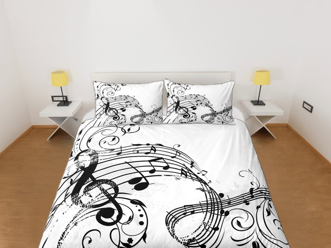 Music Note Duvet Cover, Music Bedding Set, Musician Gift, Black and ...