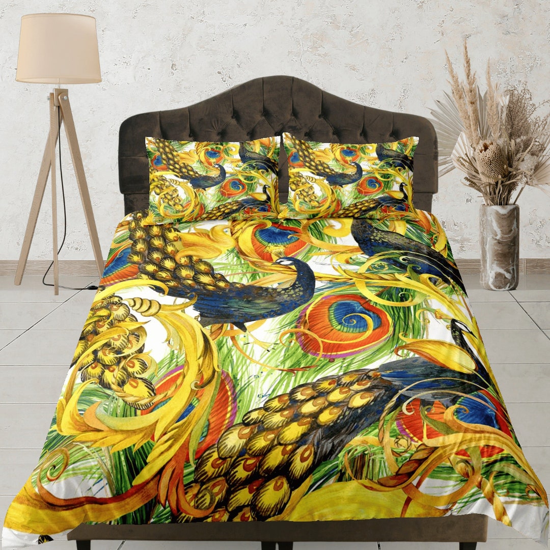 Peacock Feather Print Duvet Cover Set, Soft Bedding, Vibrant Dorm ...