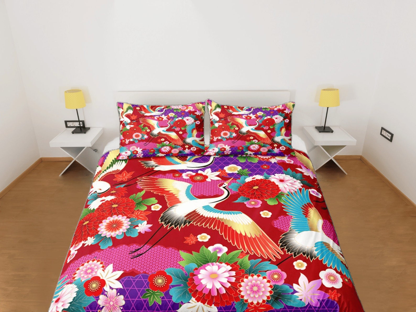 Japanese Crane Bedding Set, Colorful Duvet Cover Set, Custom Size ...