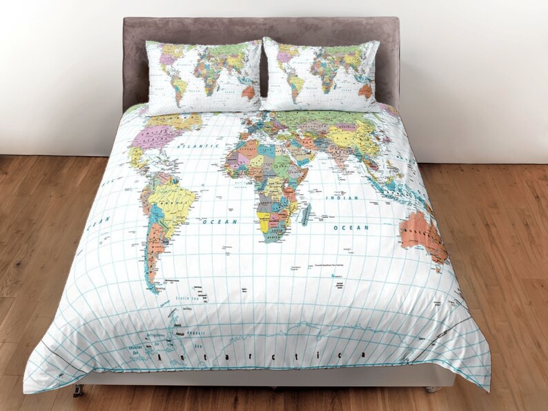 World Map Duvet Cover, Custom Size, Educational Bedding, Travel ...