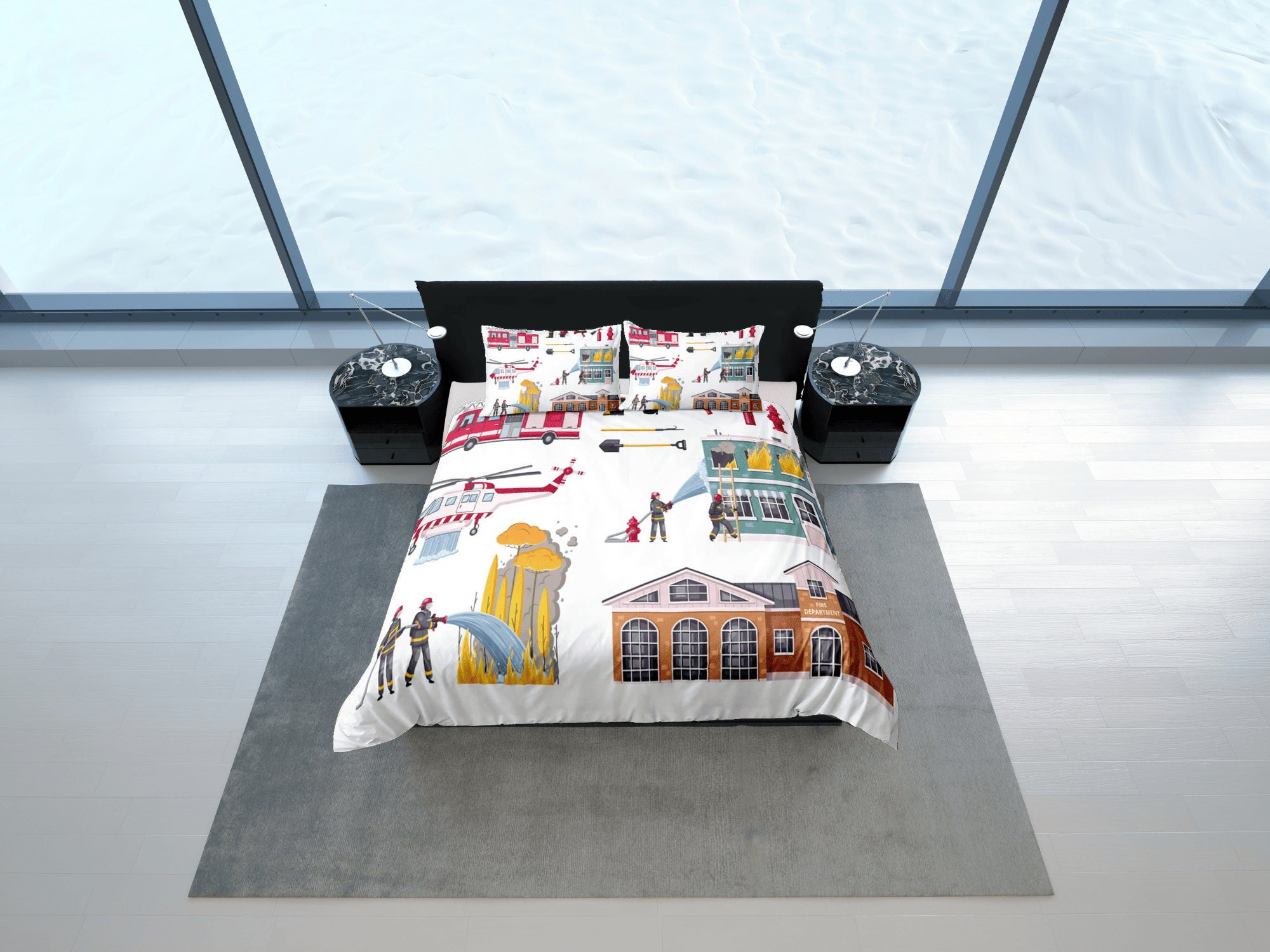 Fire Truck Duvet Cover, Firefighter Bedding Set, Kids Fireman Bedroom ...