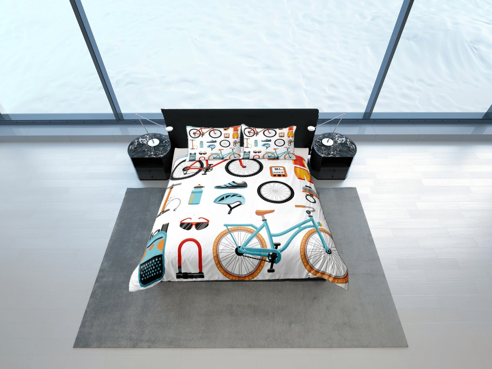 Bicycle Print Duvet Cover Set, Colorful Duvet Cover Set, White and Blue ...