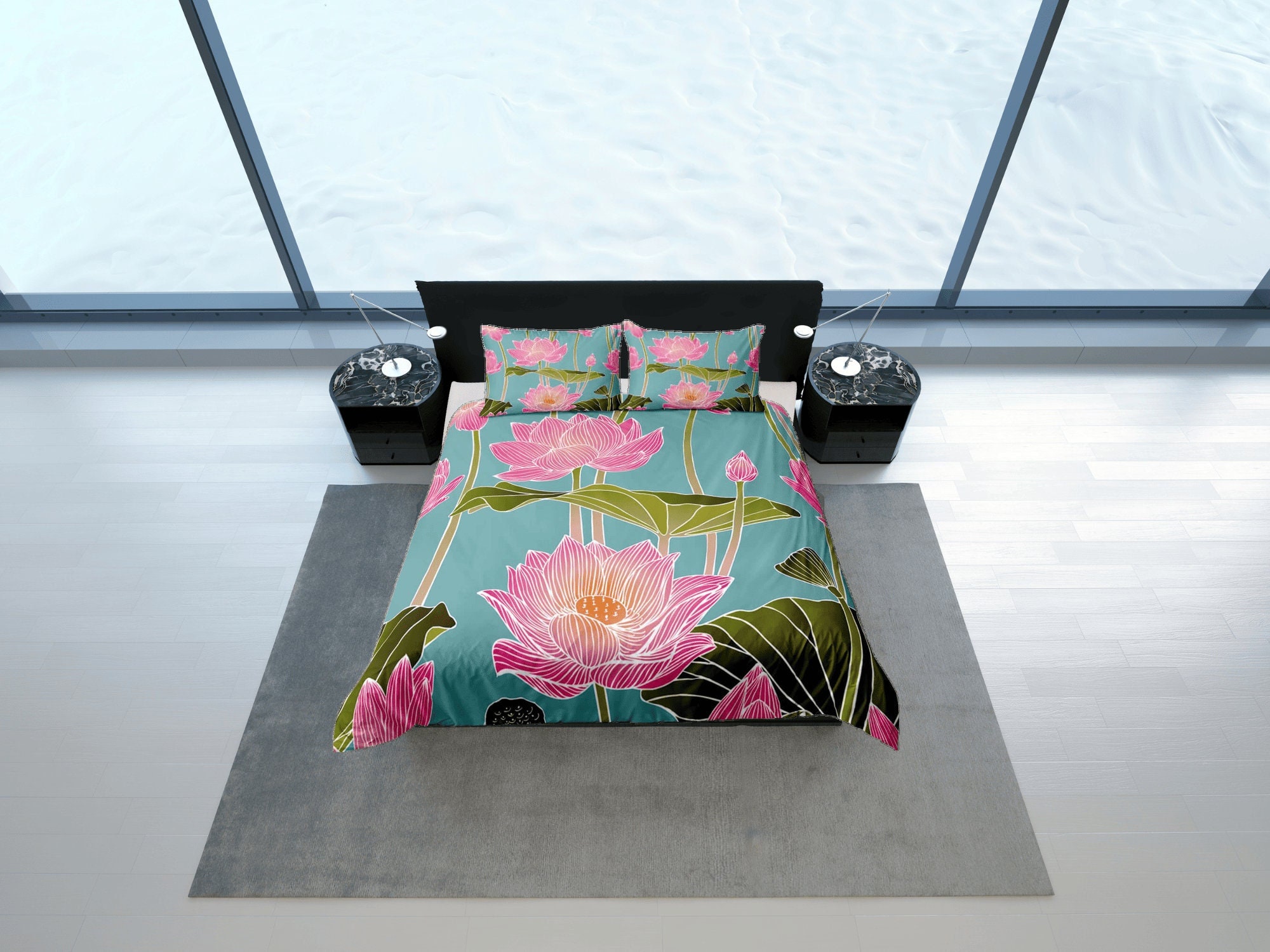 Lotus Flower Duvet Cover Set Teal and Pink Floral Bedding Set ...
