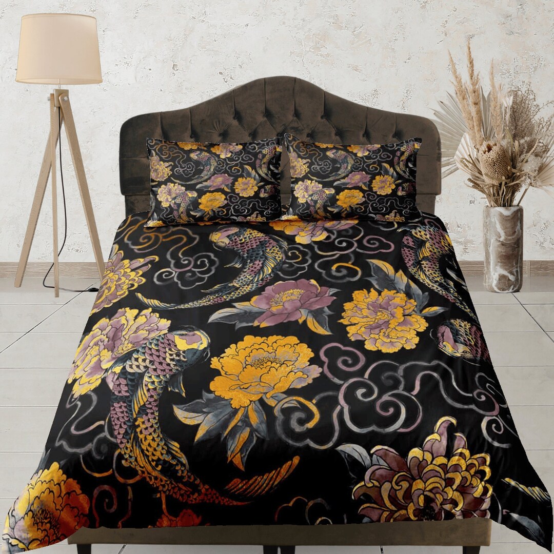 Custom Size Bedding Set, Japanese Floral Bedding Set, Dorm Bedding, Koi ...