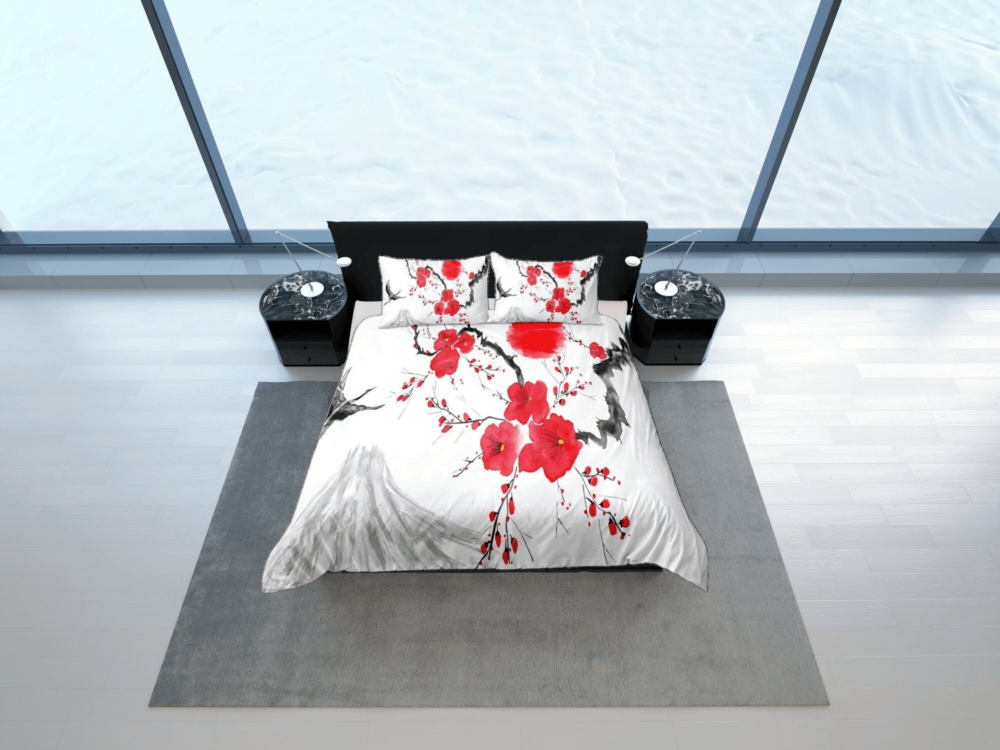 Red White Cherry Blossom Bedspread, Custom Size Bedding Set, Zipper ...