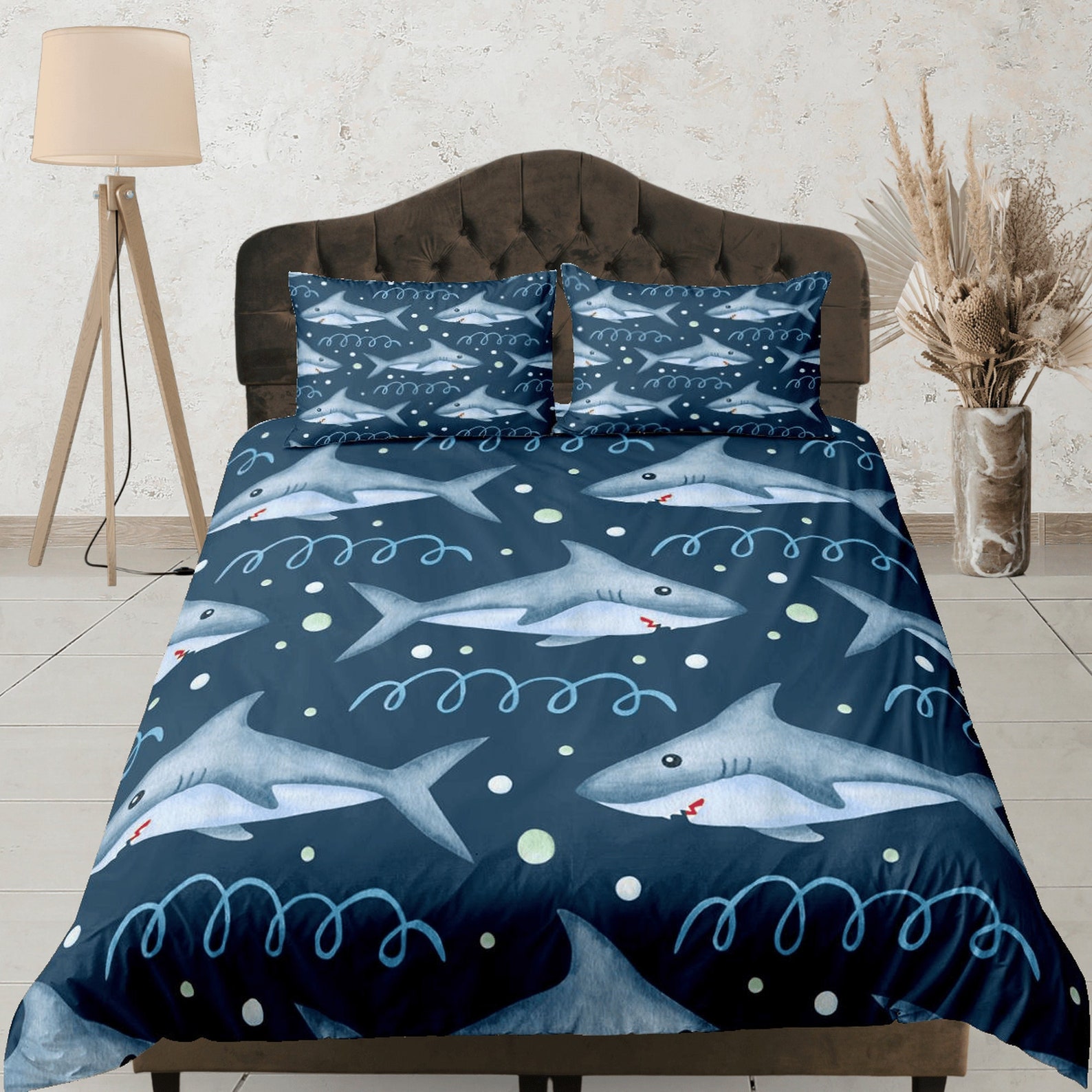Navy Blue Shark Bedding Set, Ocean Theme Dorm Bedding, Custom Duvet ...