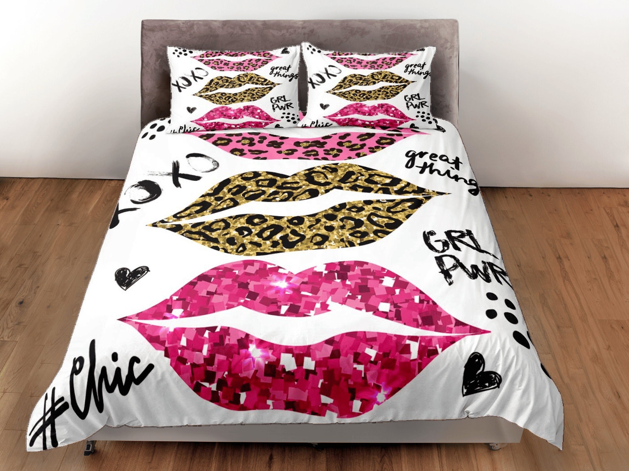 Chic Lips Print Bedspread, Custom Size Bedding Set, Zipper Duvet Cover ...