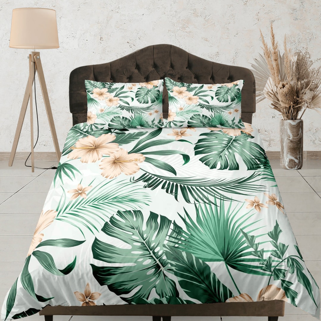 Tropical Floral Duvet Cover Set, Custom Size Quilt Cover, Green Dorm ...