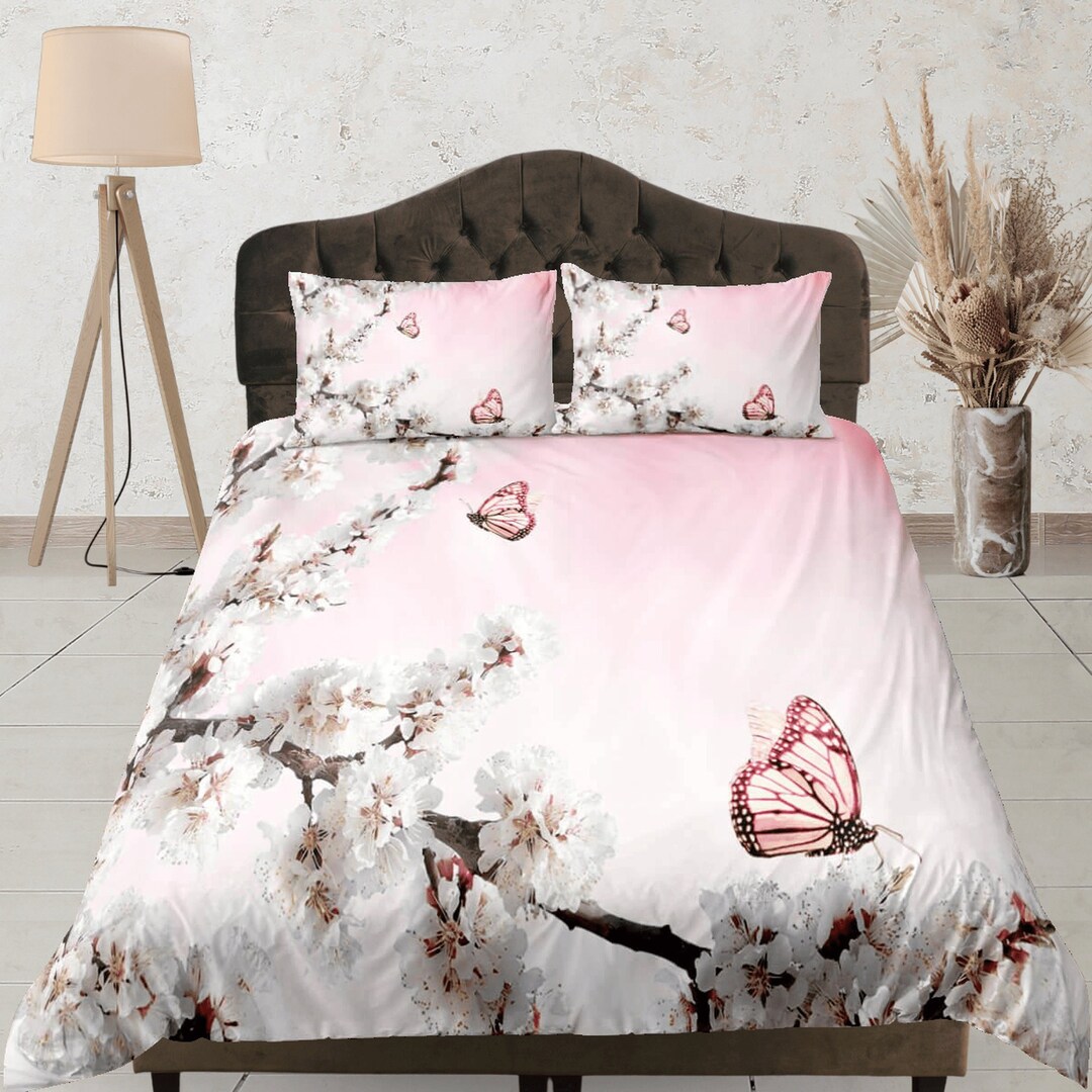 Spring Floral Duvet Cover Set, Cherry Blossom Print Bedding Set, Pink ...