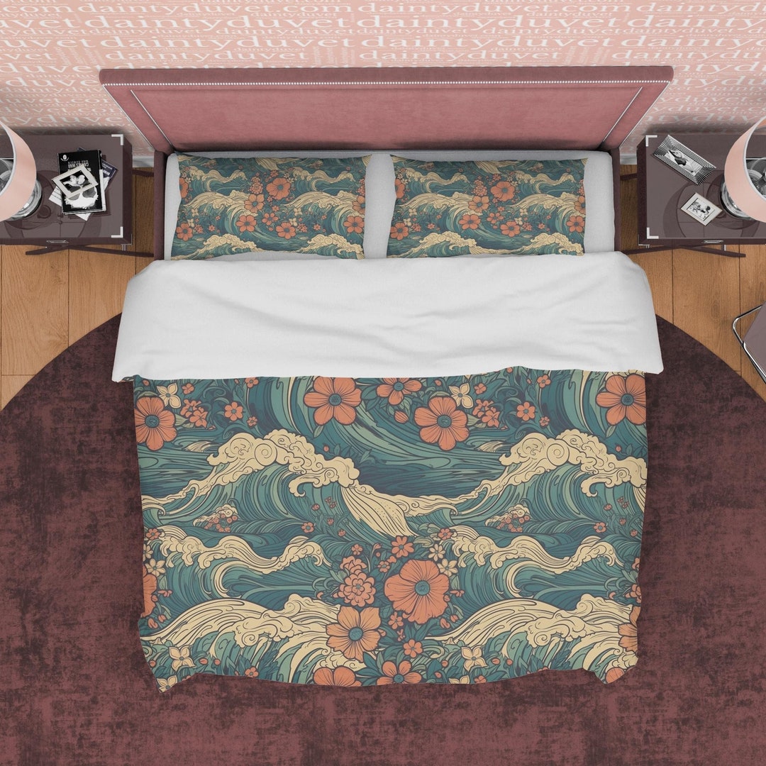 Japanese Wave and Floral Duvet Cover Set, Japan Art Bedspread, Dorm ...