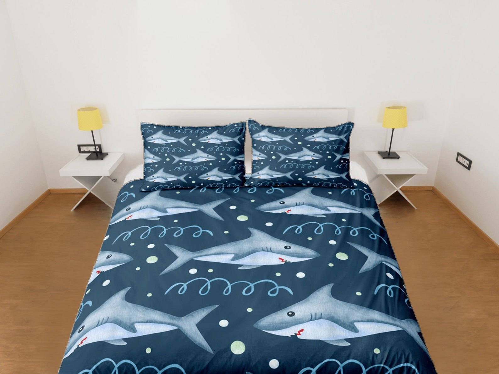 Navy Blue Shark Bedding Set, Ocean Theme Dorm Bedding, Custom Duvet ...