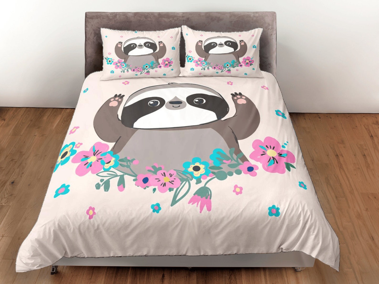 Adorable Sloth and Floral Print Duvet Cover Set, Soft Bedding Set, Cute ...