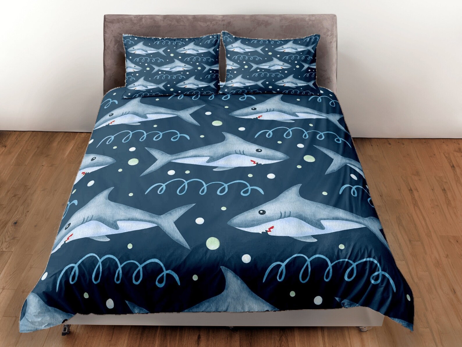 Navy Blue Shark Bedding Set, Ocean Theme Dorm Bedding, Custom Duvet ...