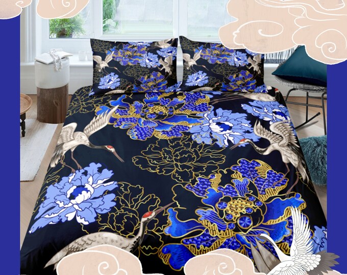 Lotus Bedding - Japanese Lotus by Nina_leth - Patchwork Blue White ...