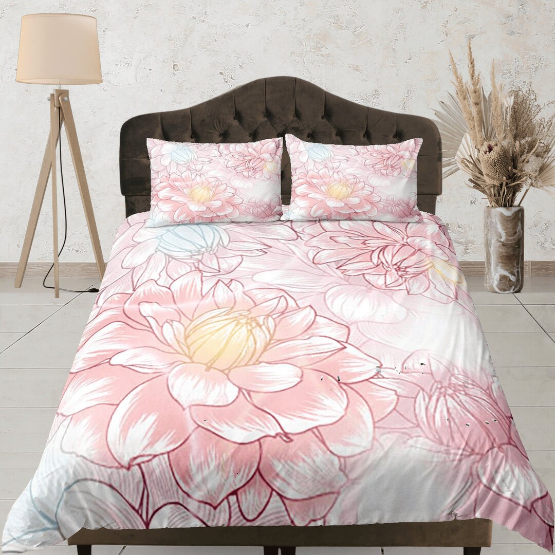 Pastel Floral Print Duvet Cover Set, Dorm Bedding, Elegant Bedroom Set, Botanical Quilt Cover ...