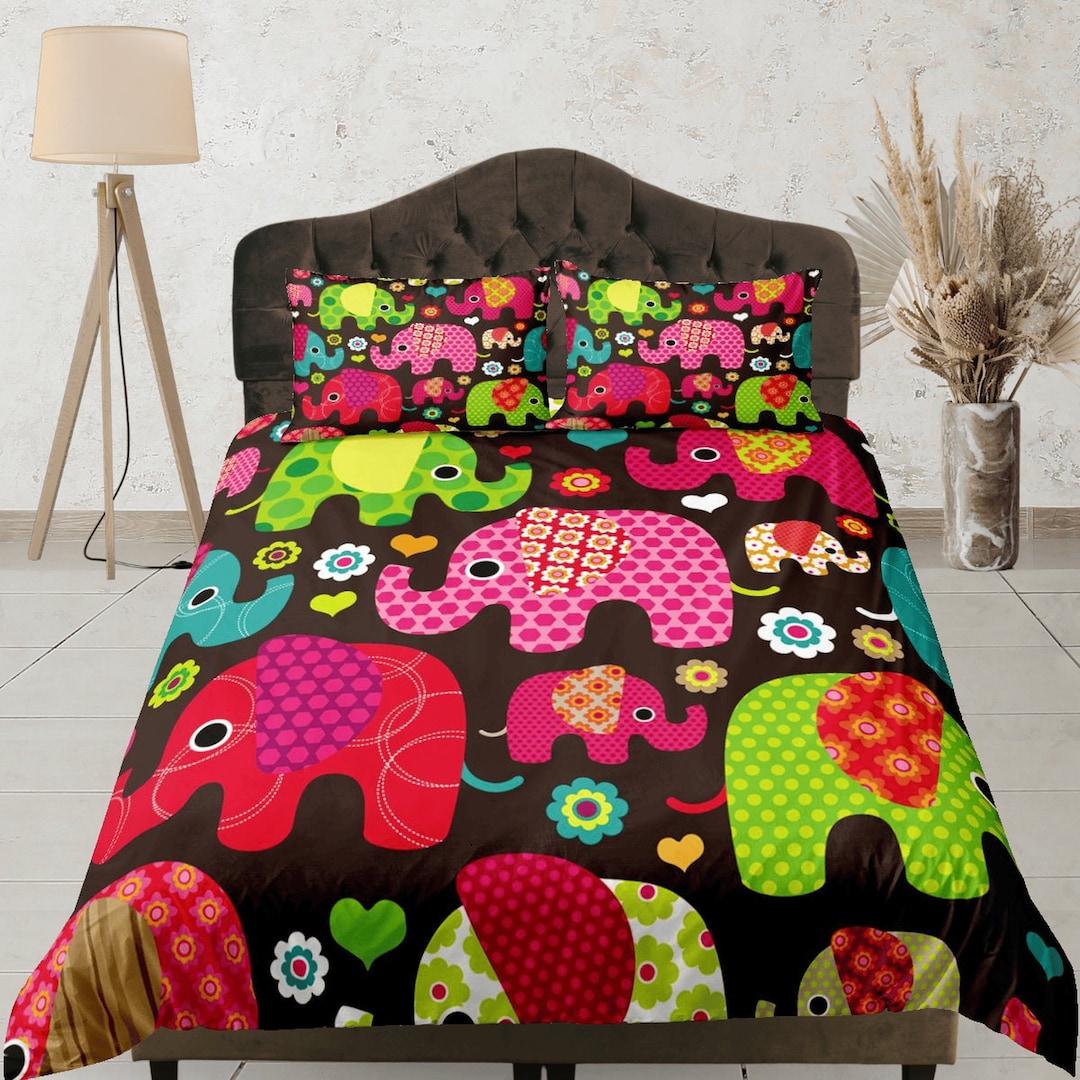 Colorful Elephant Print Quilt Cover, Custom Size Bedding Set, Vibrant ...