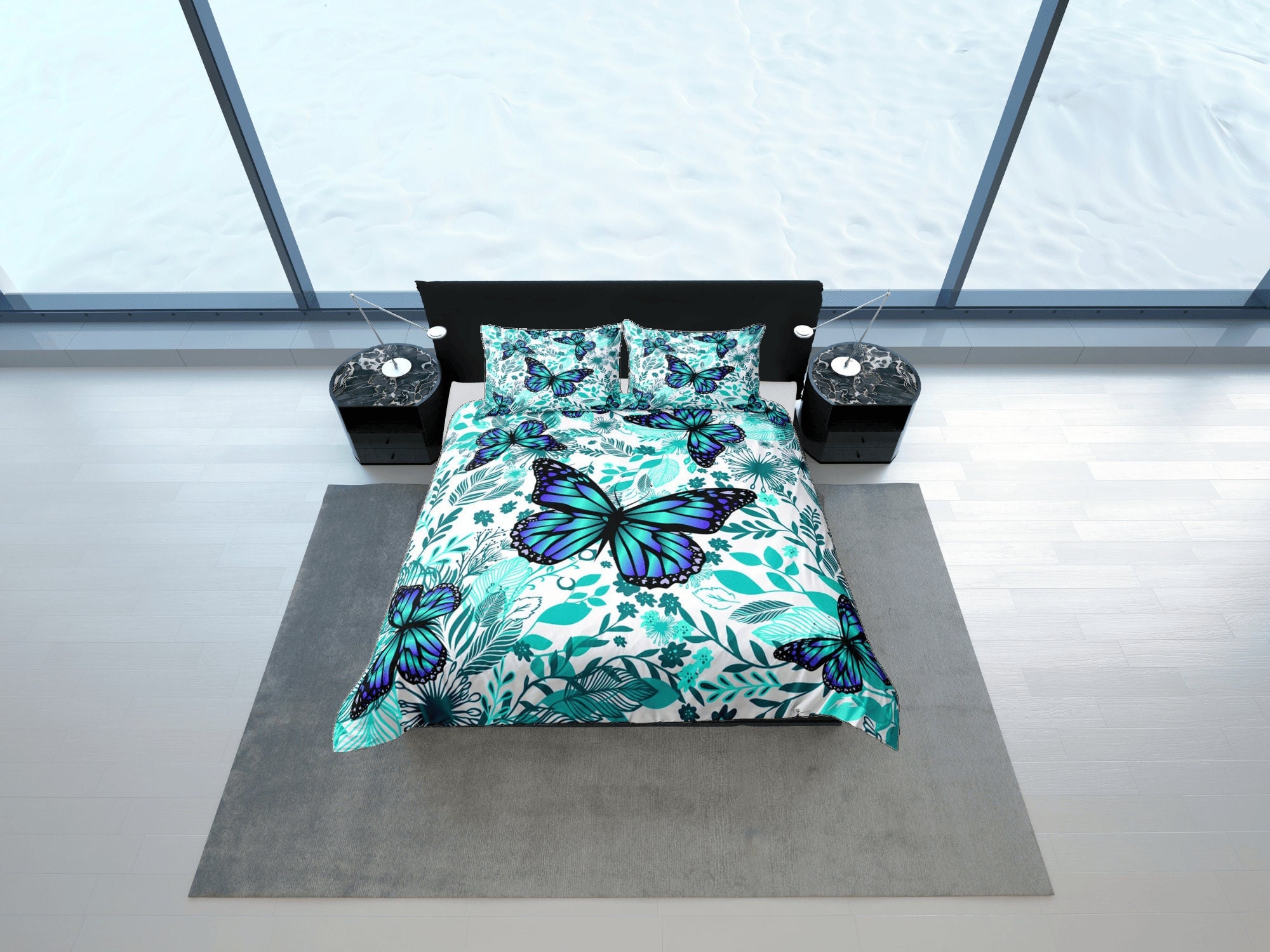 Blue Butterfly Bedspread, Floral Print Bedding Set, Teal Aesthetic ...