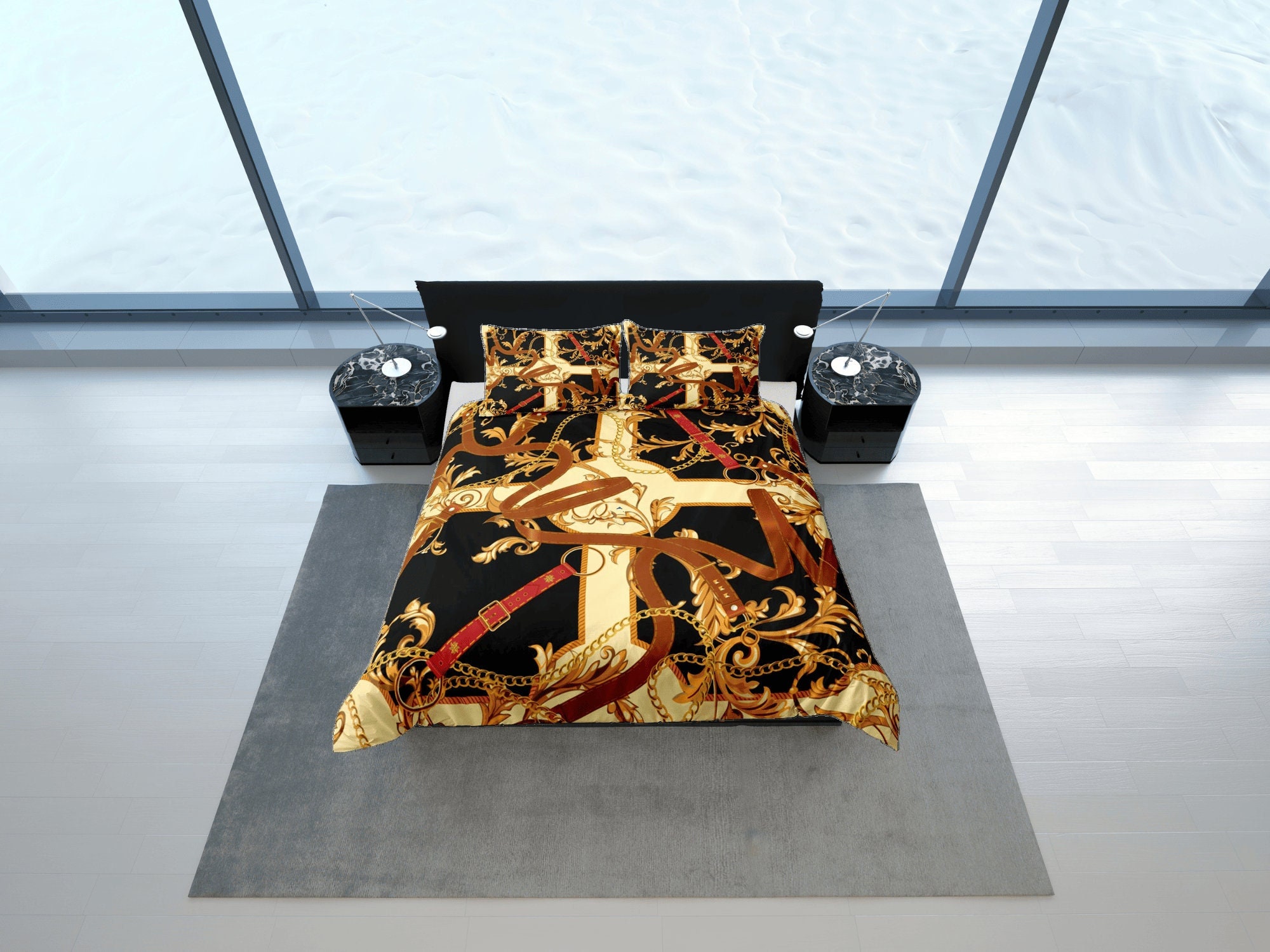 Baroque Style Bedding Set, Black and Gold Quilt Cover, Aesthetic Duvet ...