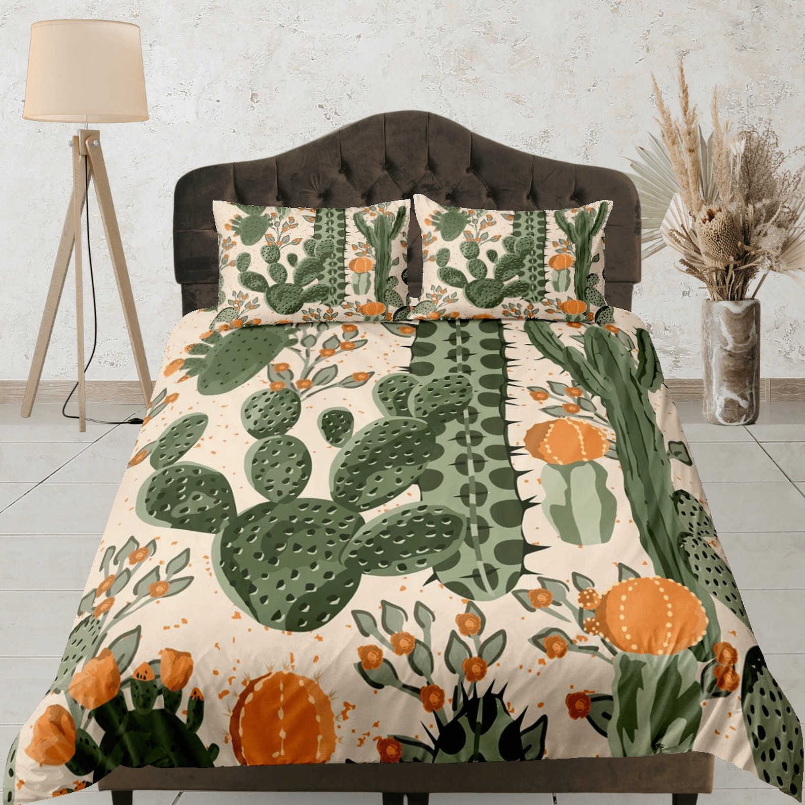Cactus Print Duvet Cover Set, Green and Orange Bedding Set, Custom Size ...