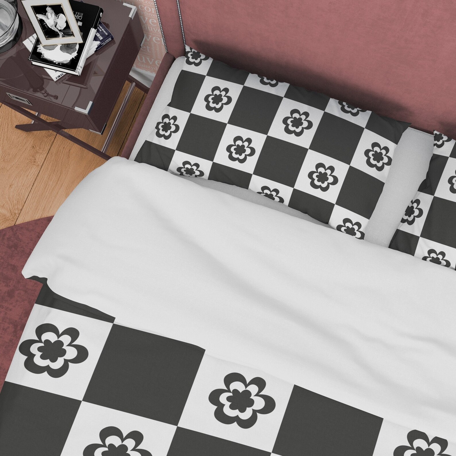 Black and White Floral Checkered Duvet Cover Set, Quilt Cover Set ...