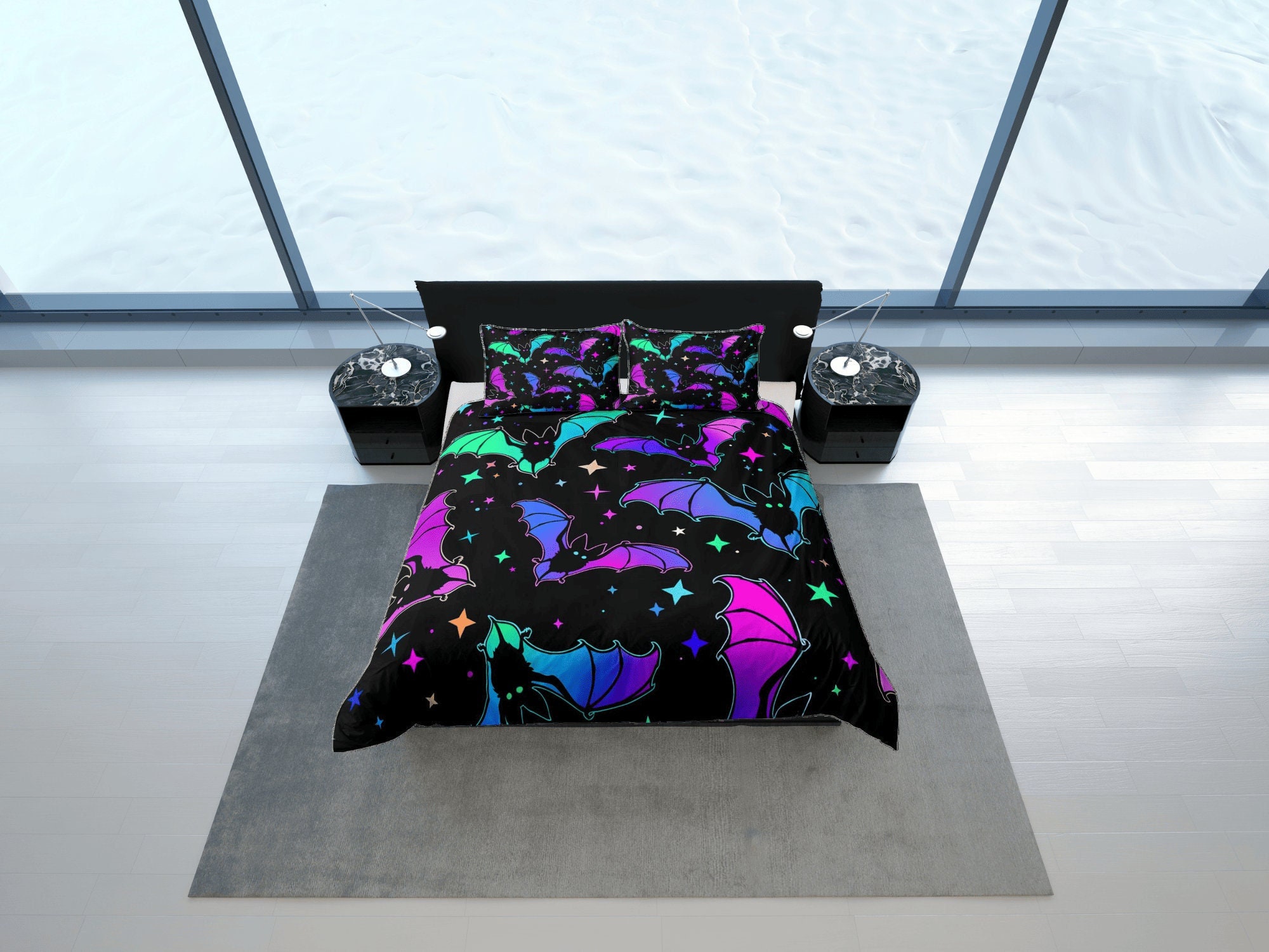 Neon Bats Duvet Cover Set, Gothic Halloween Bedroom Set, Trippy Bat ...