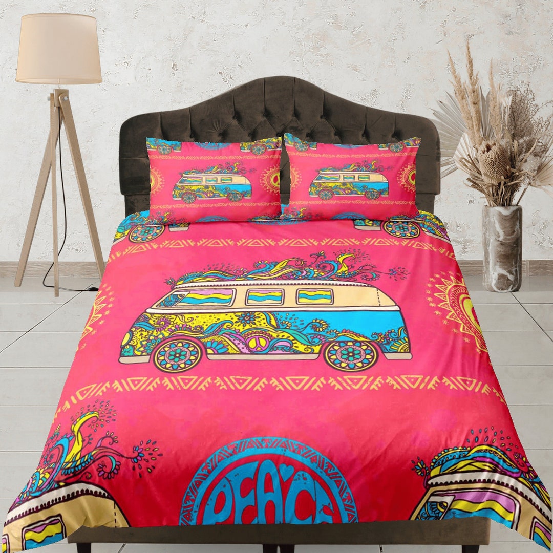 Hippie Duvet Cover Set, Peace Sign Quilt Cover, Camper Van Bedding, 70s ...