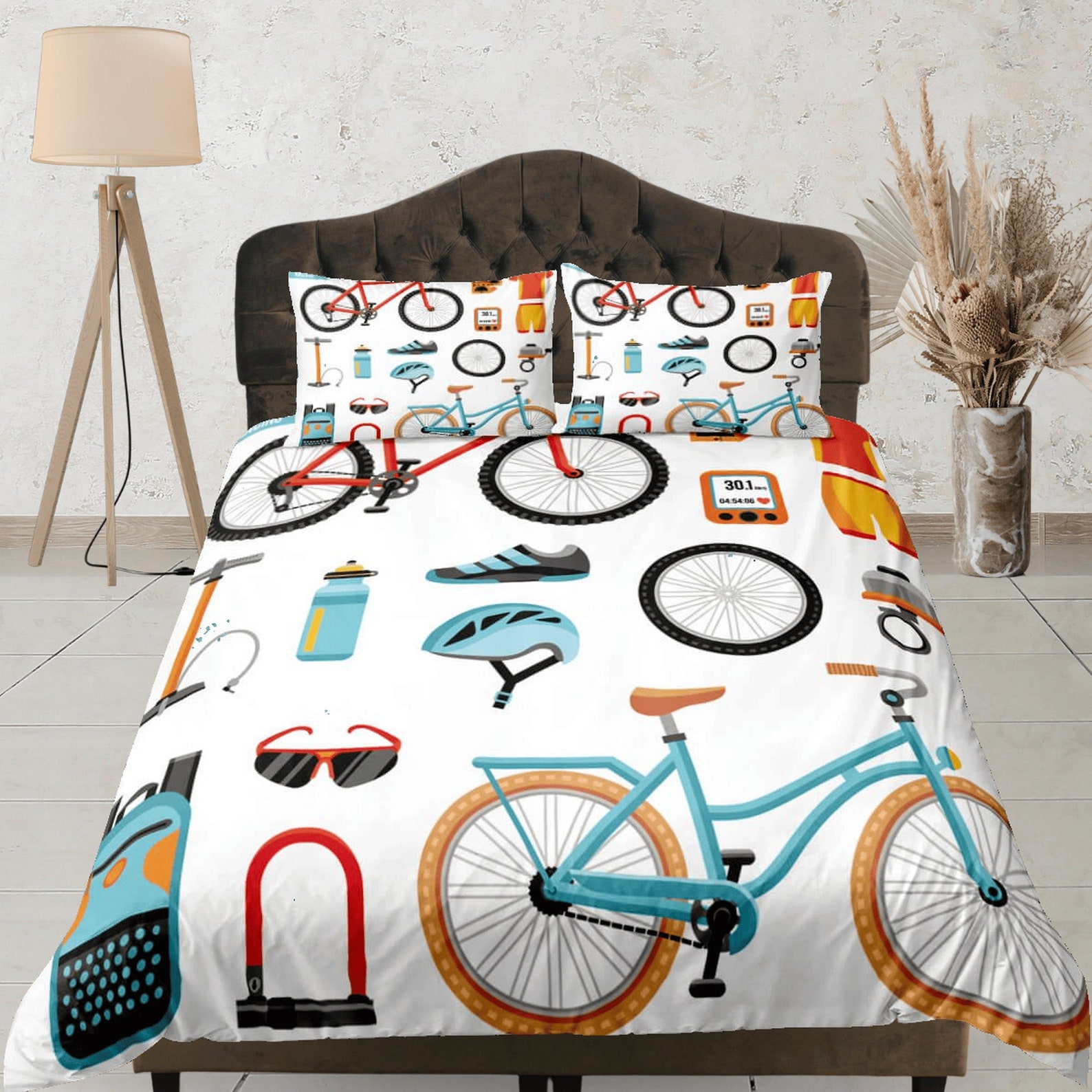 Bicycle Print Duvet Cover Set, Colorful Duvet Cover Set, White and Blue ...