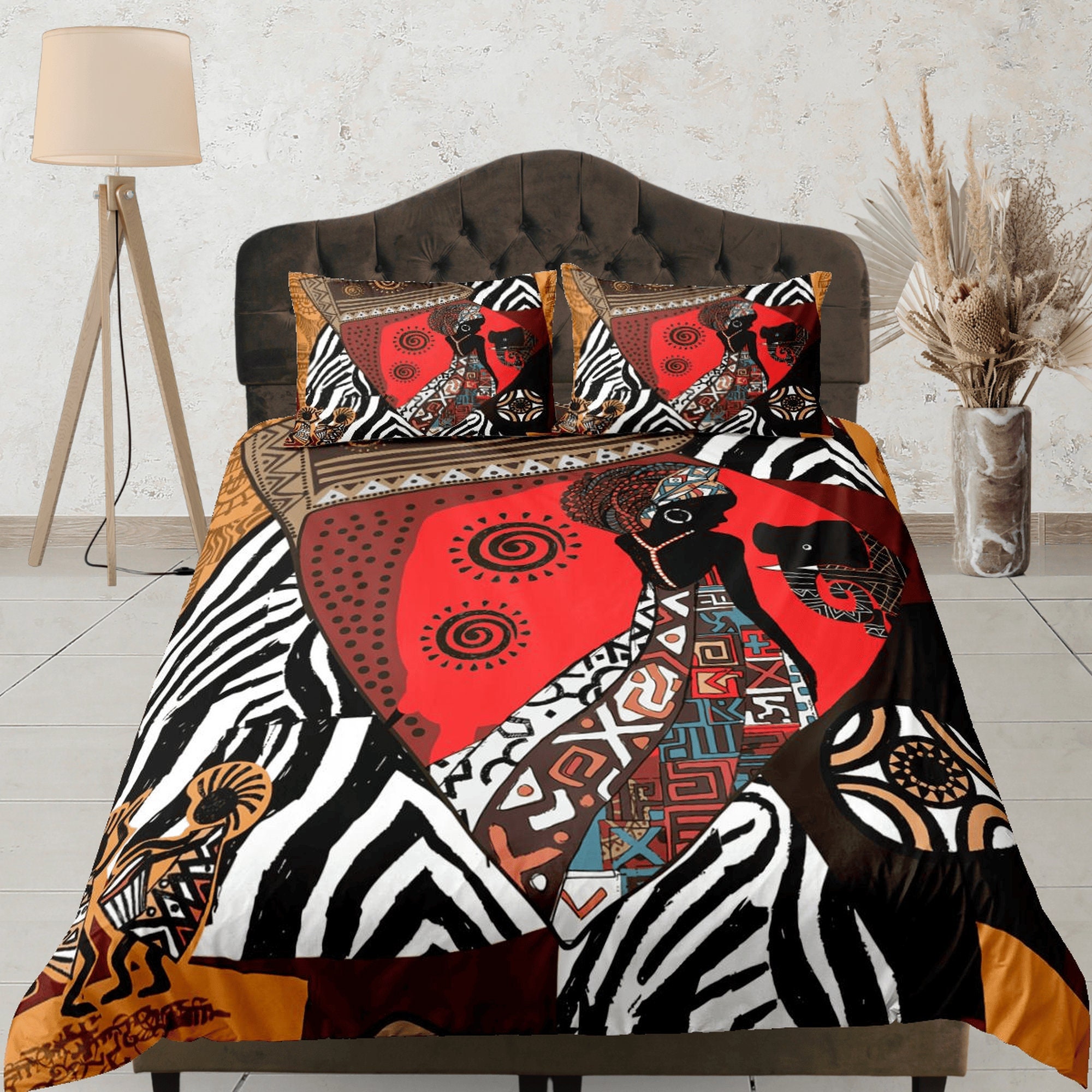 African Art Duvet Cover Set, Red and Black Quilt Cover, Dorm Bedding ...