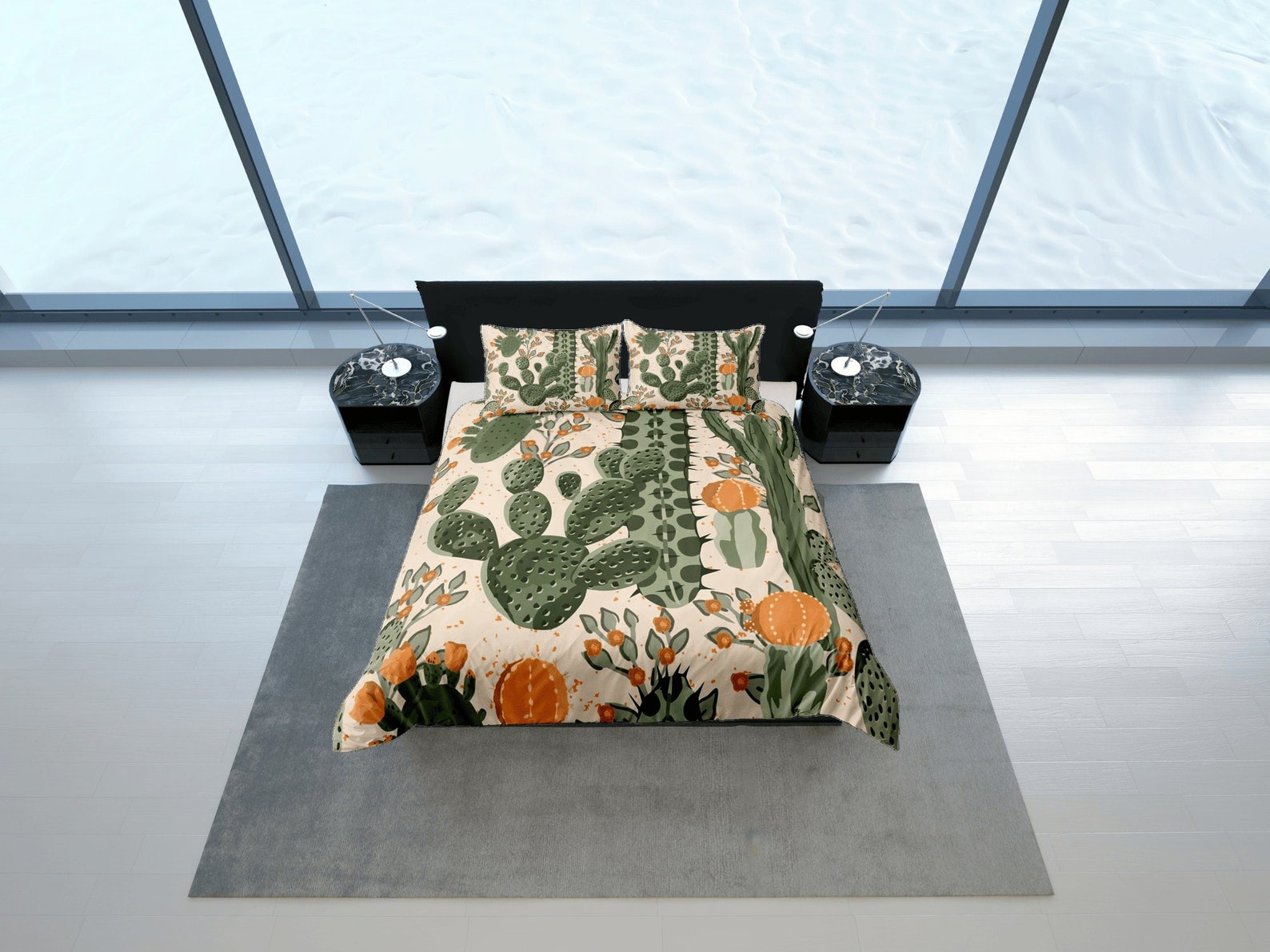Cactus Print Duvet Cover Set, Green and Orange Bedding Set, Custom Size ...
